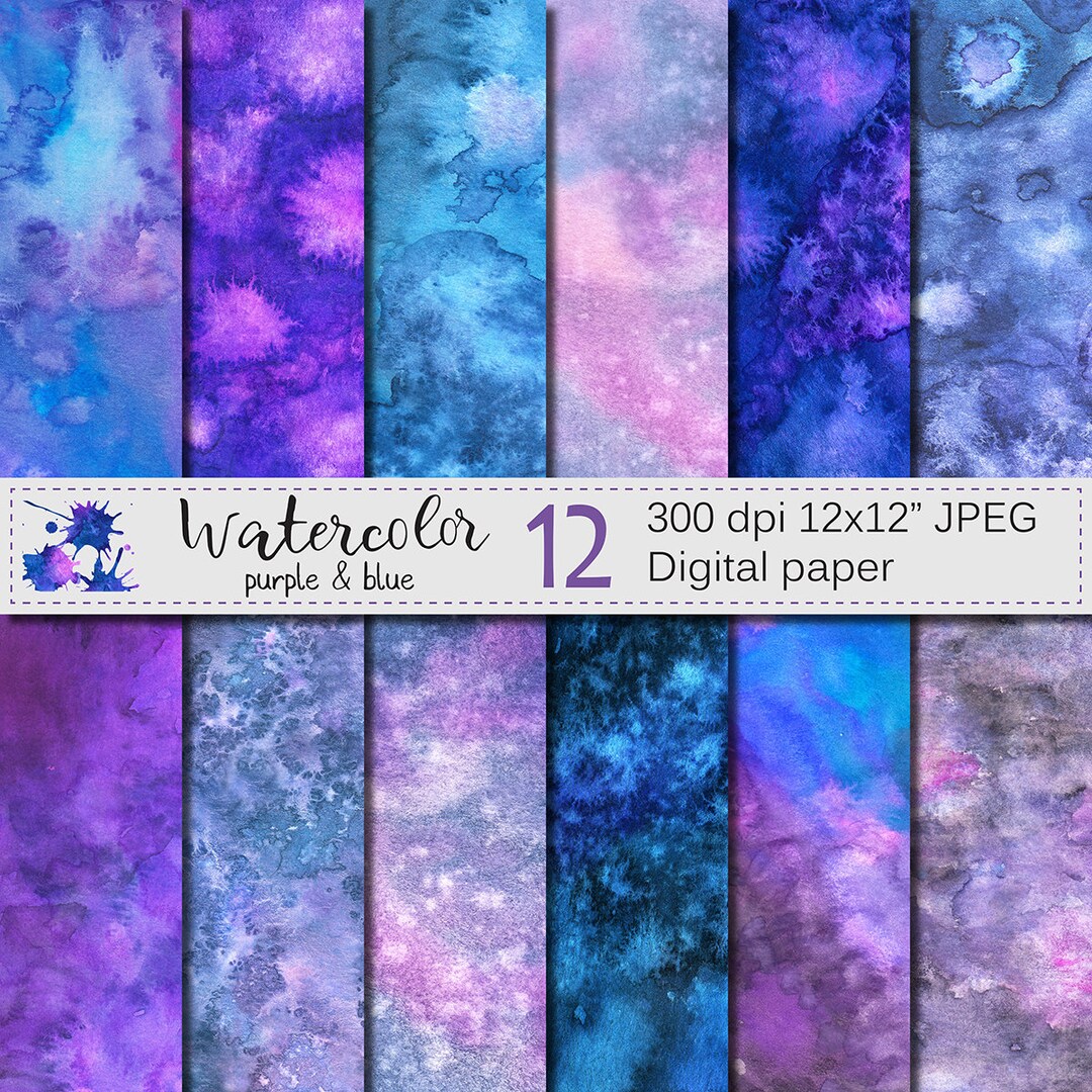 Purple and Blue Watercolor Digital Paper, Watercolor Texture ...