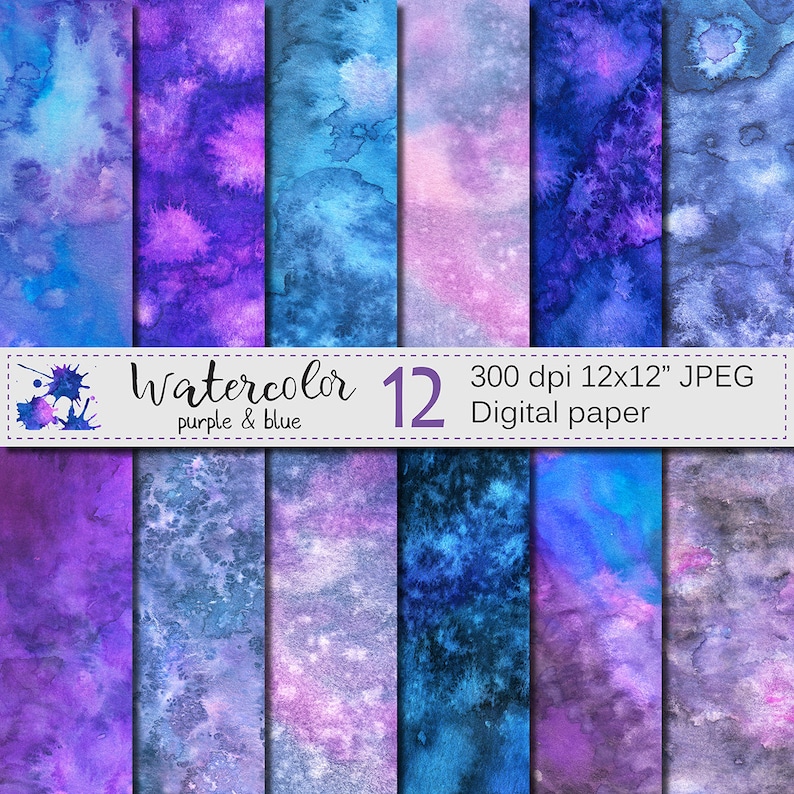 Purple and Blue Watercolor Digital Paper, Watercolor Texture ...