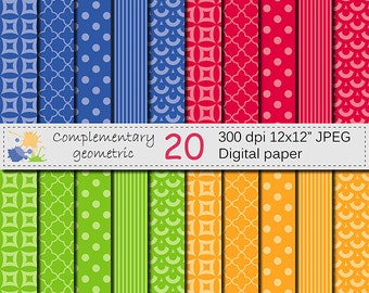 Blue and Pink Digital Paper Set, Geometric Digital Printable Scrapbook ...