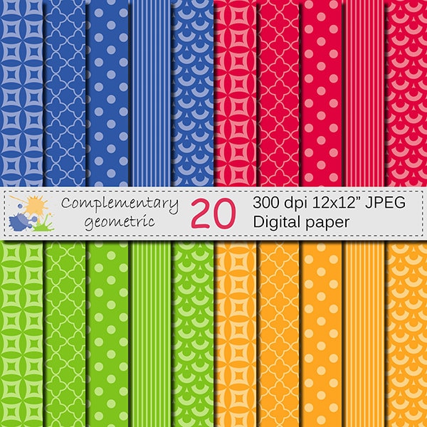 SALE 50% Complementary Geometric Digital Paper Set, Blue, Red, Orange ...