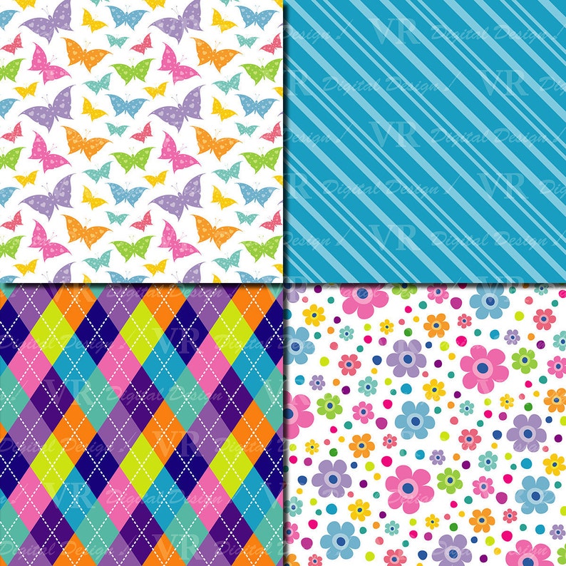 Bright Spring Digital Paper Set With Butterfly Ladybugs and Flowers ...