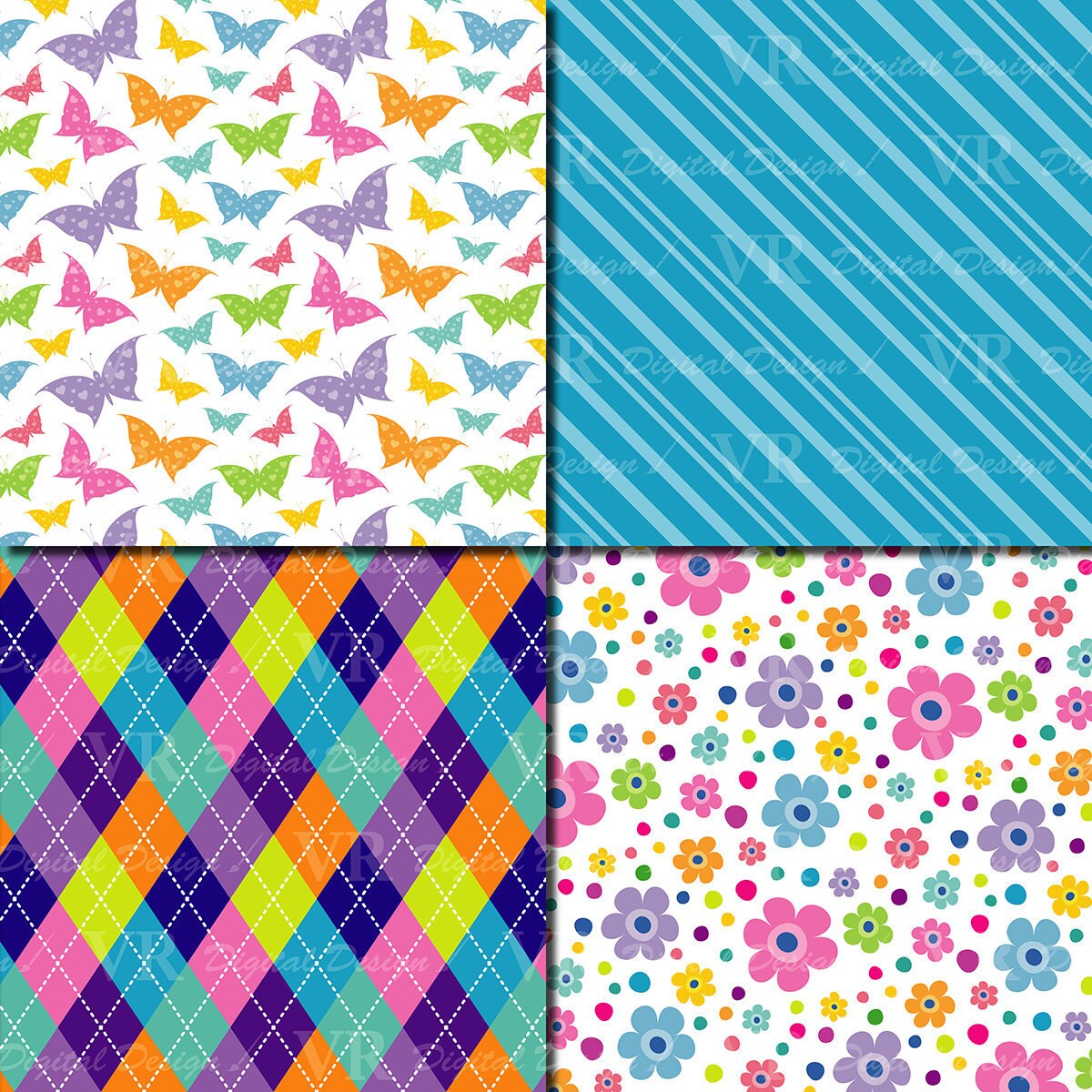 Bright Spring Digital Paper Set With Butterfly Ladybugs and Flowers ...