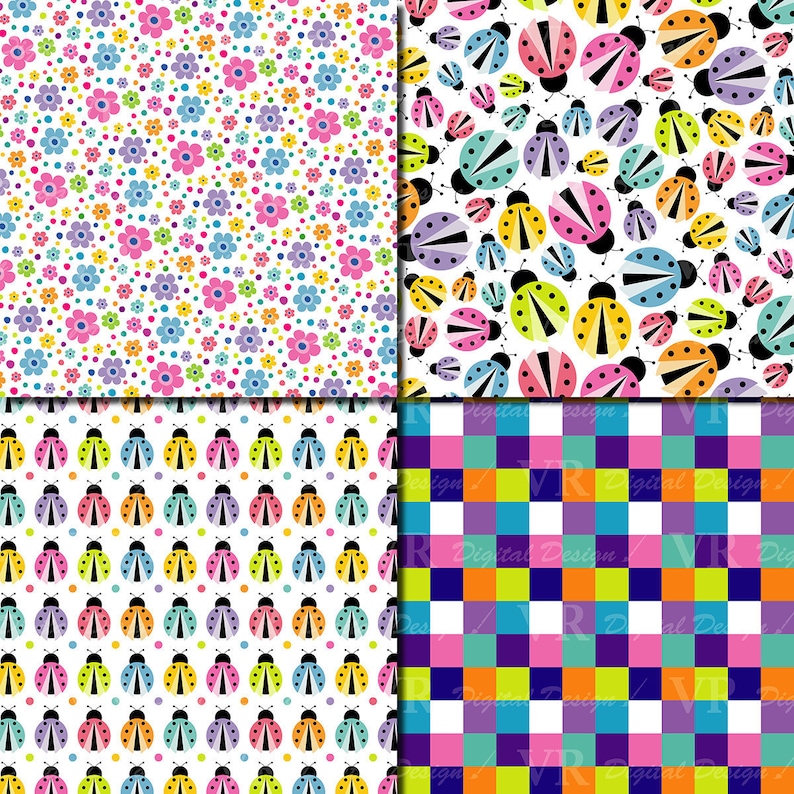 Bright Spring Digital Paper Set With Butterfly Ladybugs and Flowers ...