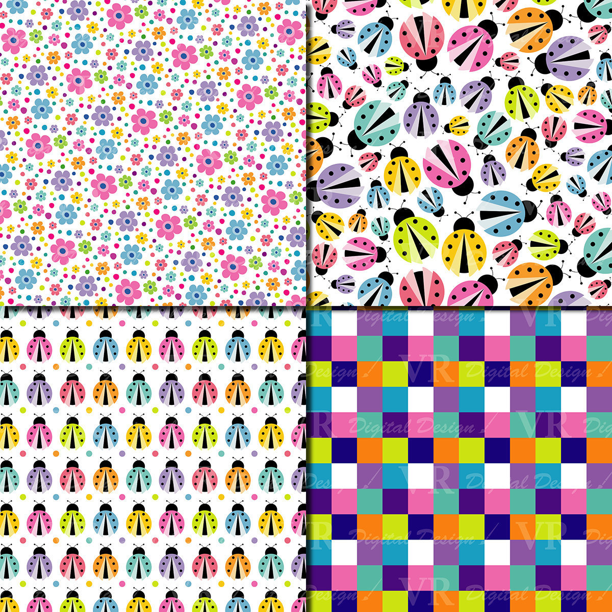 Bright Spring Digital Paper Set With Butterfly Ladybugs and Flowers ...
