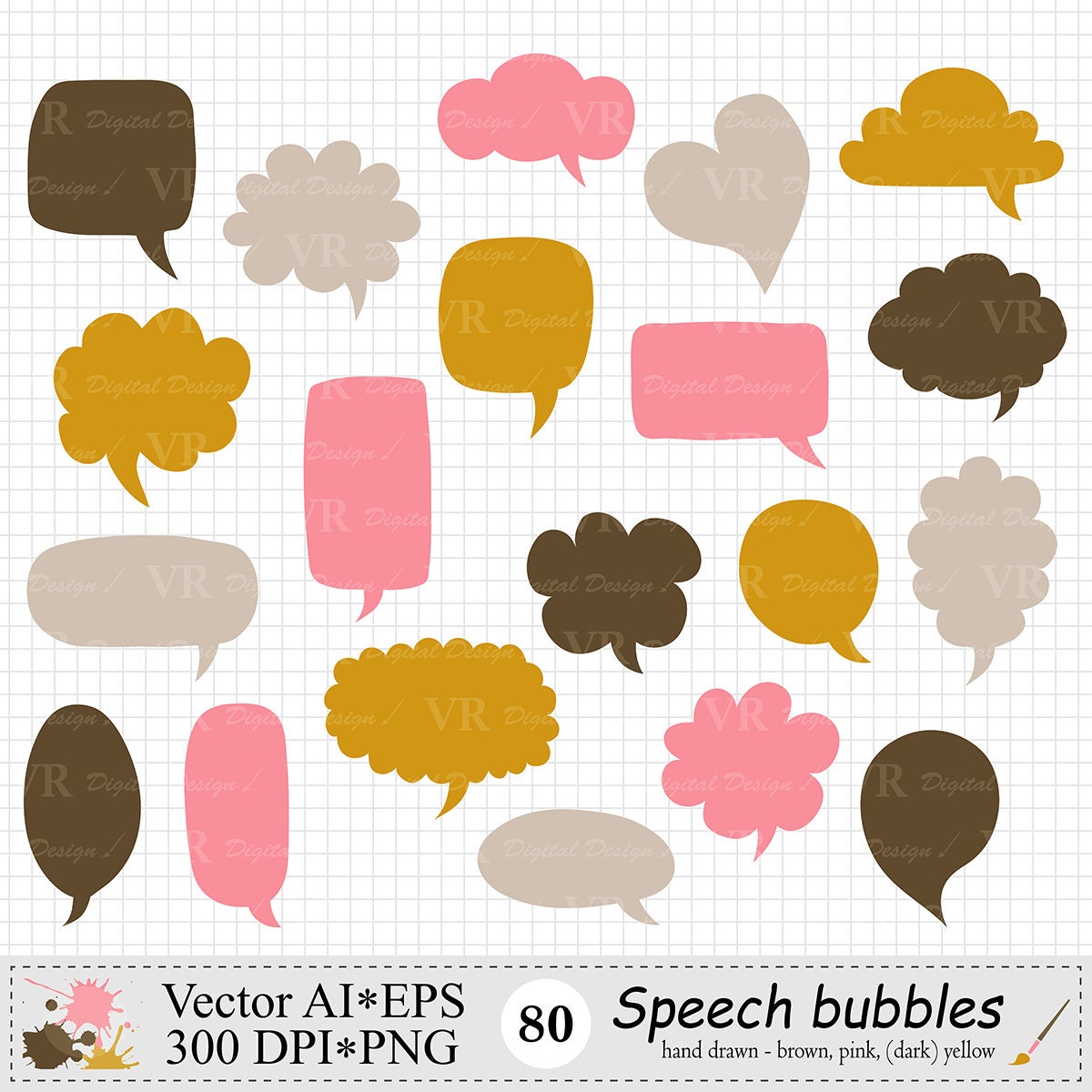 Speech Bubbles Clipart, Hand Drawn Word Bubbles Clipart, Brown Pink ...