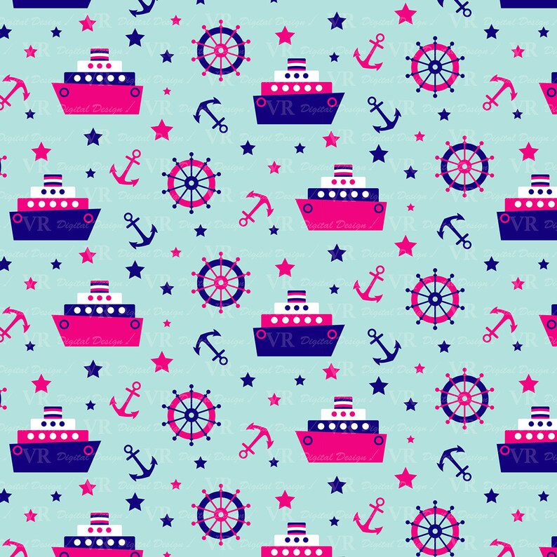 Nautical Pink and Blue Digital Papers, Anchor Printable Scrapbook ...