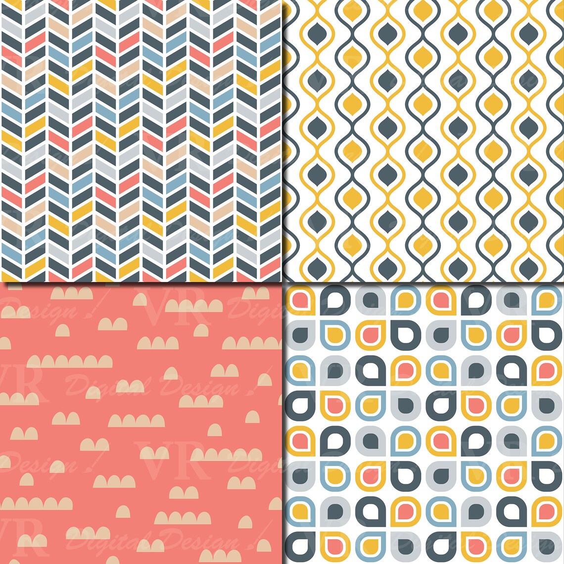 Retro Geometric Digital Paper Blue Coral Yellow Seamless - Etsy
