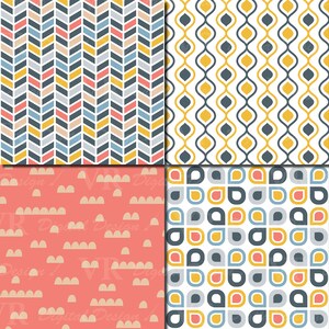 Retro Geometric Digital Paper, Blue Coral Yellow Seamless Geometric ...