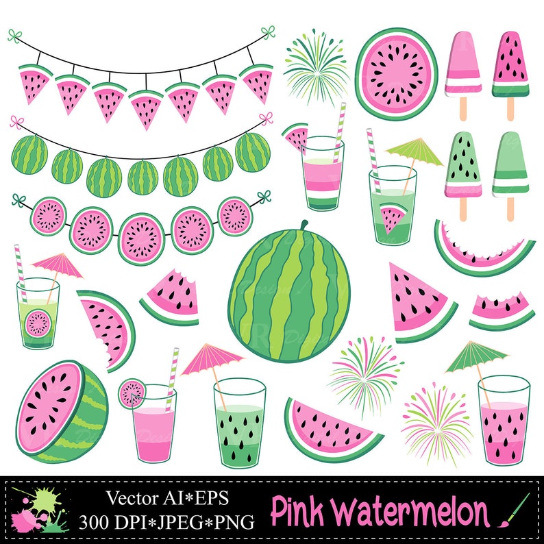 Watermelon Clipart, Summer Fruit Illustrations, Pink Watermelons ...