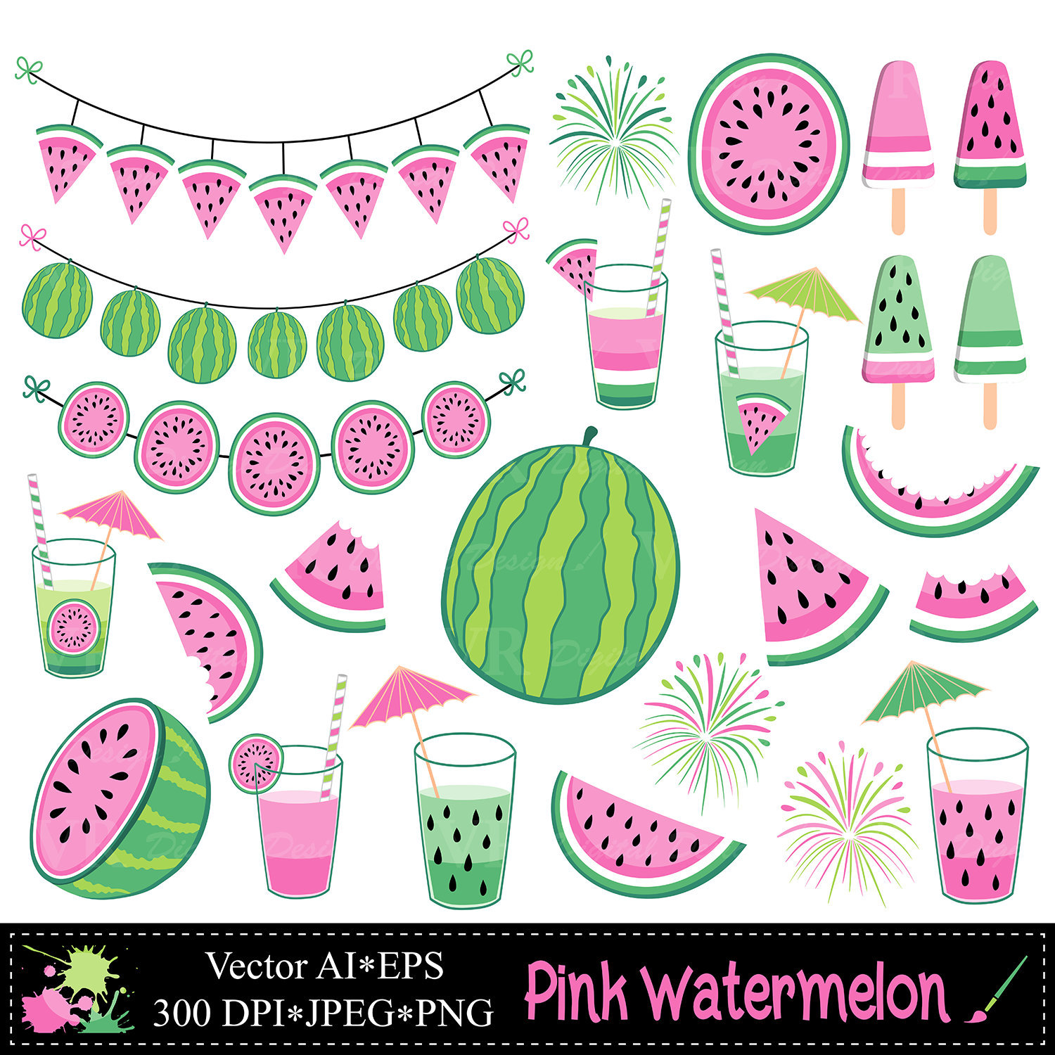 Watermelon Clipart, Summer Fruit Illustrations, Pink Watermelons ...
