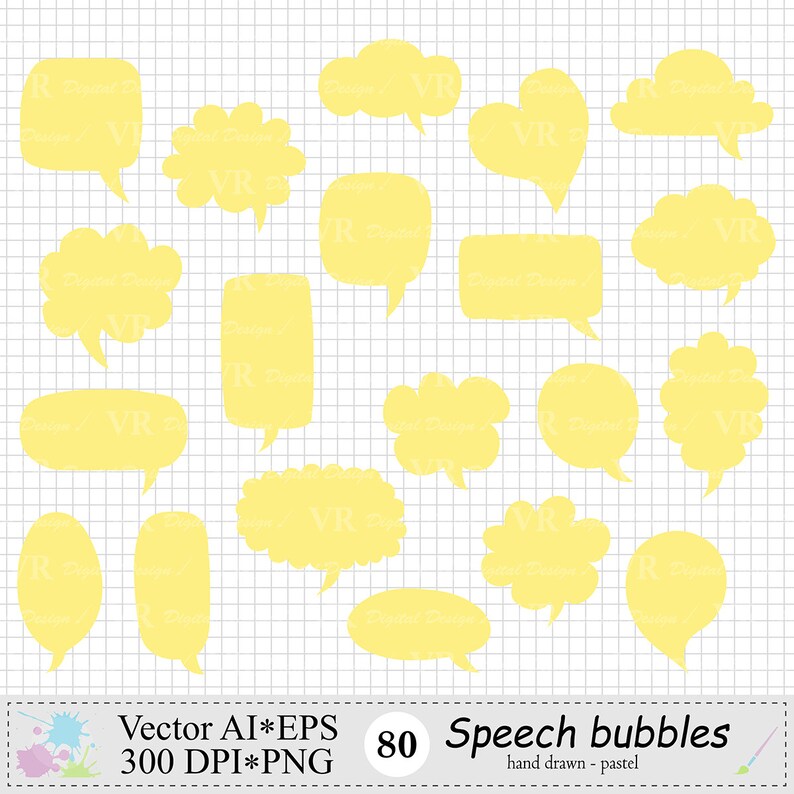 Speech Bubbles Clipart, Hand Drawn Text Clouds Clipart, Pastel Digital ...