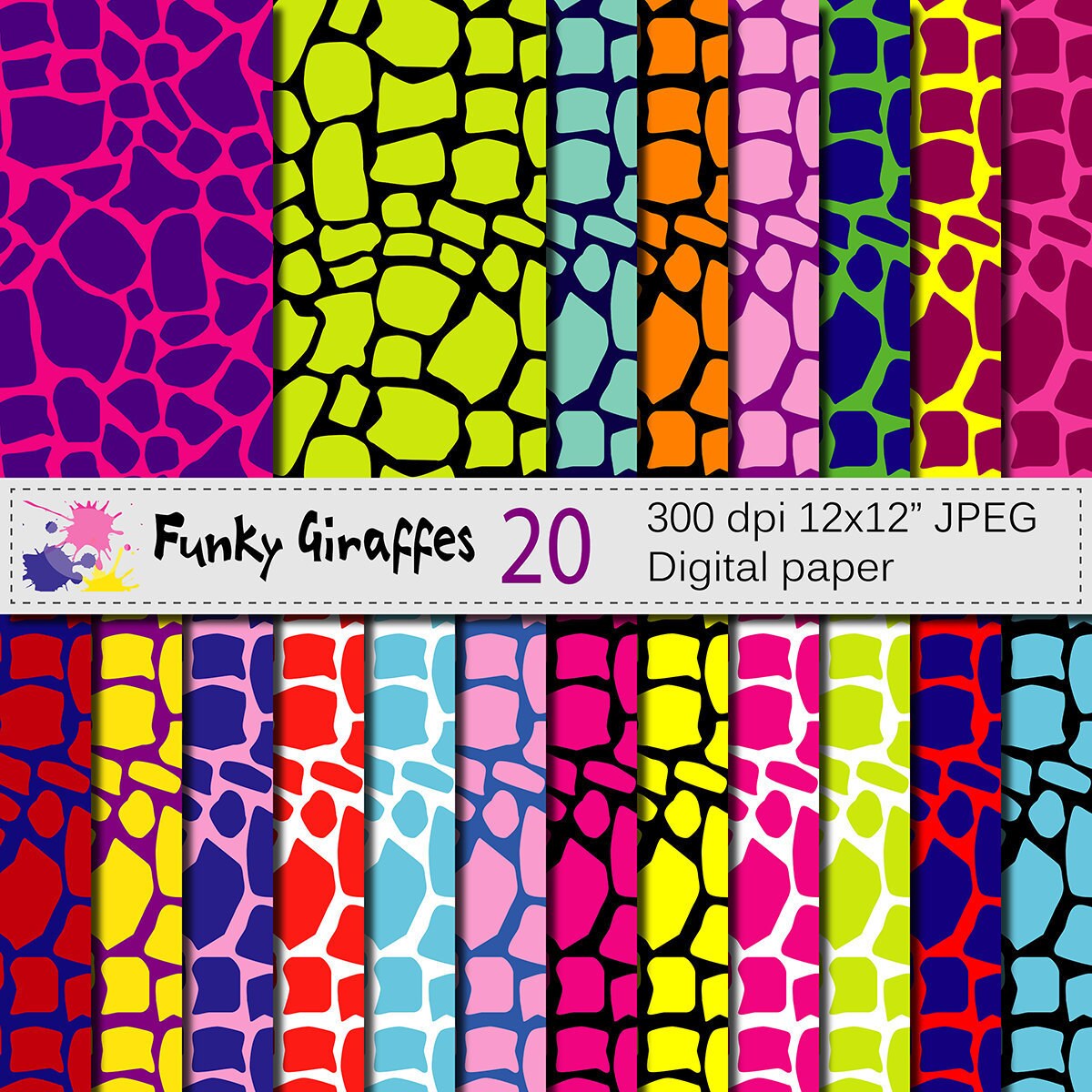 Funky Giraffes Digital Paper Set, Wild Animal Digital Papers, Bright ...