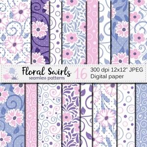Floral Swirls Digital Paper, Blue, Pink and Purple Floral Seamless ...