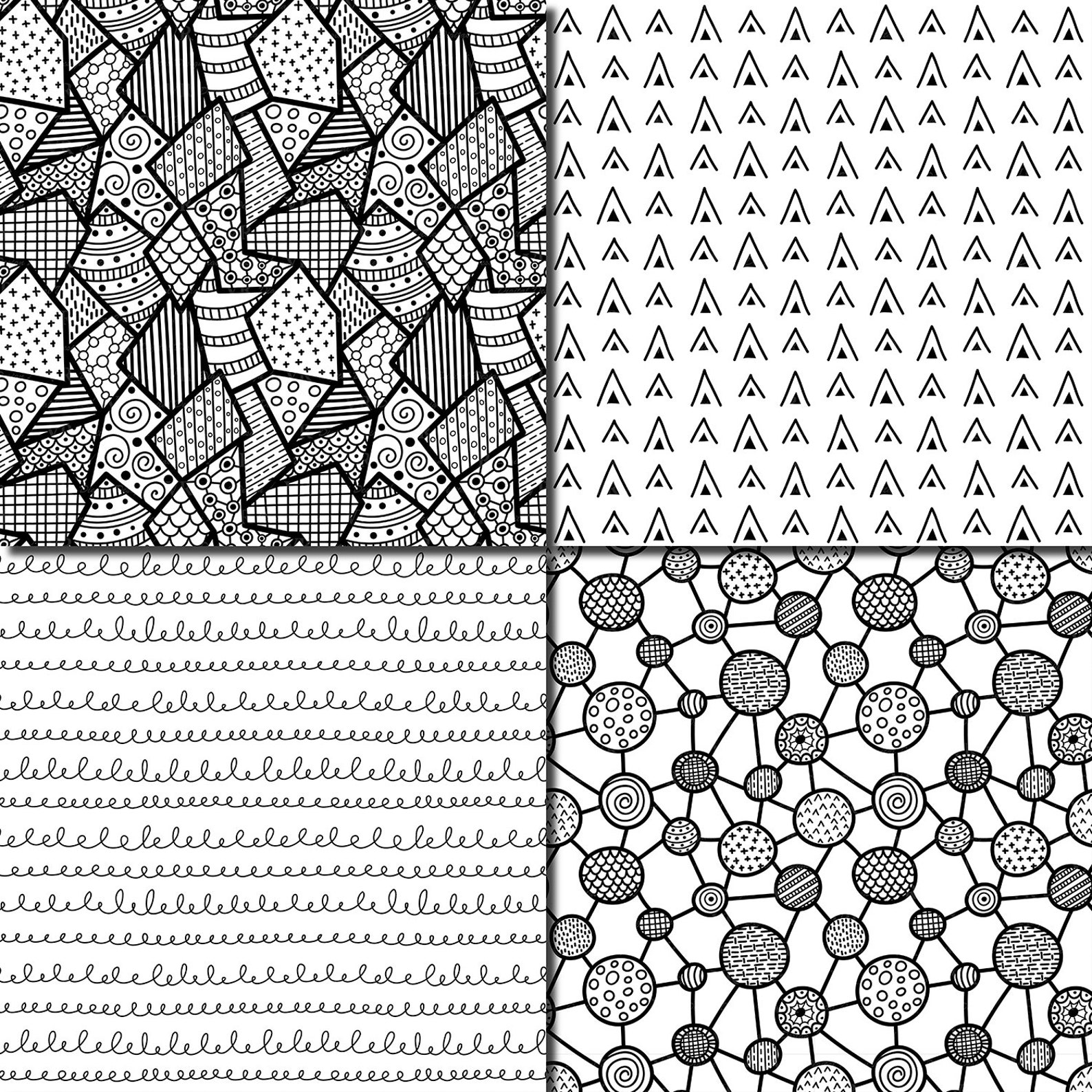 Black and White Hand Drawn Seamless Digital Paper, Monochrome Geometric ...