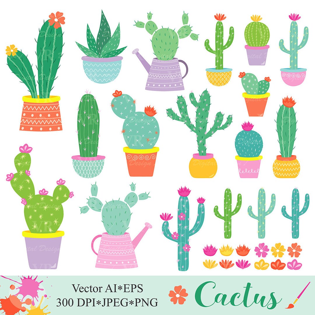 Cactus Clipart, Cacti Plants Clip Art, Cute Potted Cactuses Clipart Set ...