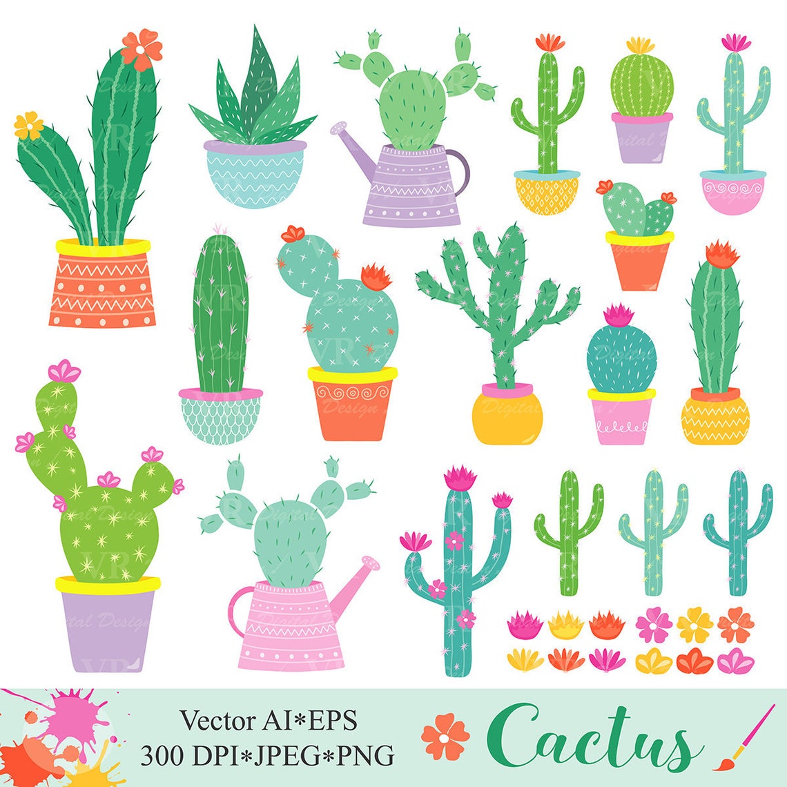 Cactus Clipart, Cacti Plants Clip Art, Cute Potted Cactuses Clipart Set ...
