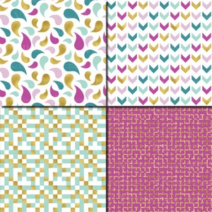 Teal, Magenta and Gold Foil Digital Paper, Seamless Geometric Patterns ...