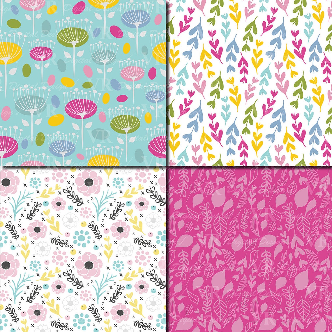 Seamless Bright Spring Digital Paper, "happy Spring" Hand Drawn Flowers ...