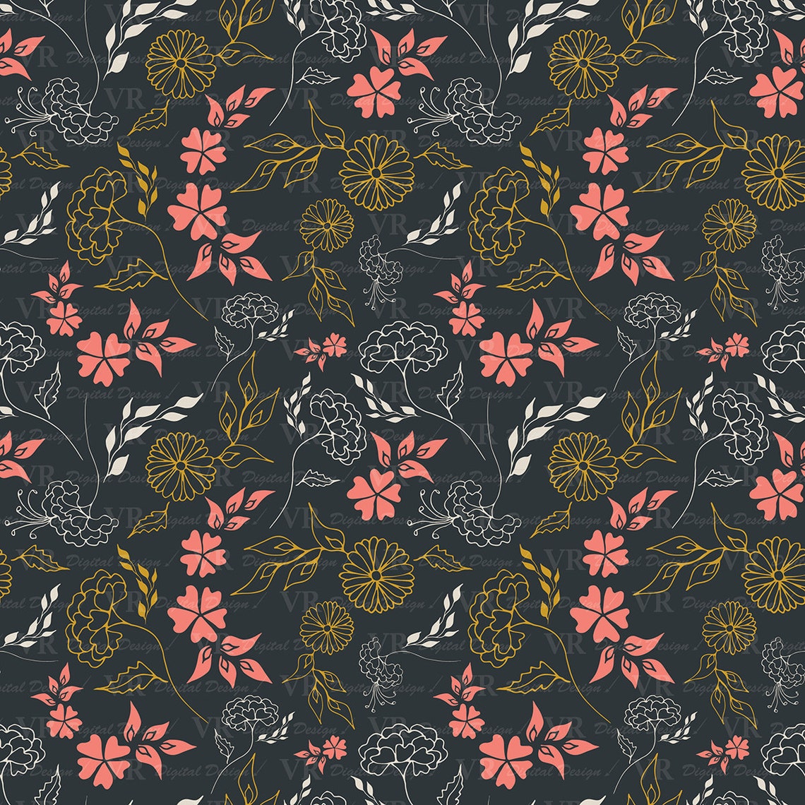 Seamless Elegant Floral Digital Paper, Hand Drawn Flowers Seamless ...