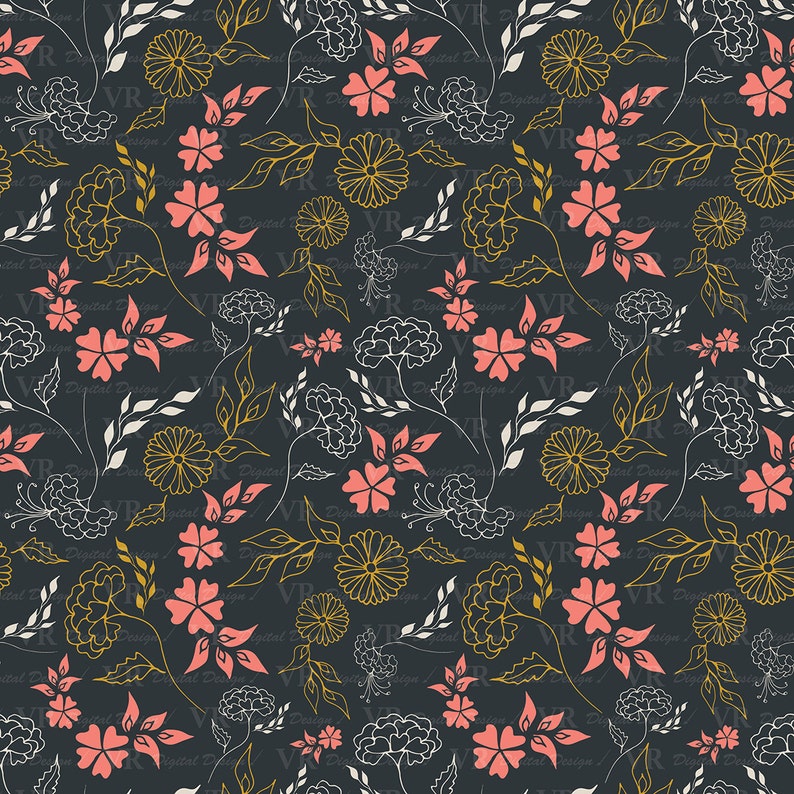 Seamless Elegant Floral Digital Paper, Hand Drawn Flowers Seamless ...