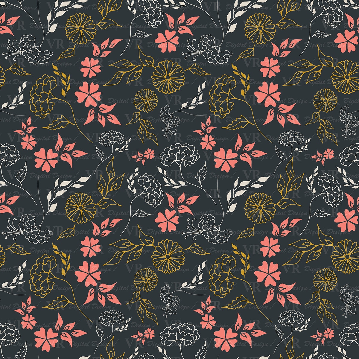 Seamless Elegant Floral Digital Paper, Hand Drawn Flowers Seamless ...