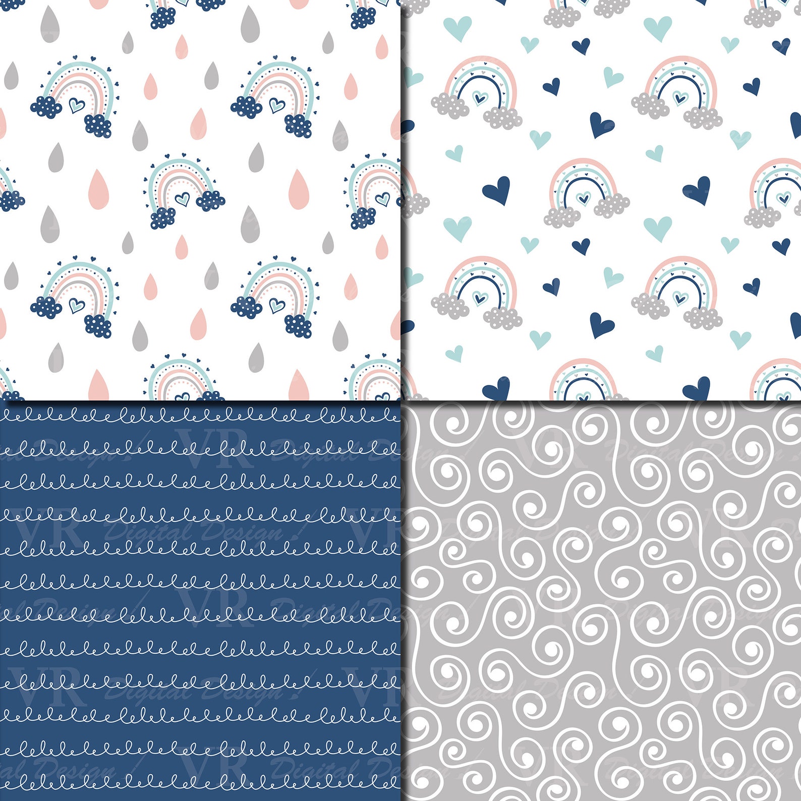 Pastel and Blue Rainbows Digital Paper Cute Rainbow Seamless | Etsy