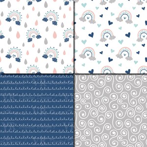 Pastel and Blue Rainbows Digital Paper, Cute Rainbow Seamless Patterns ...
