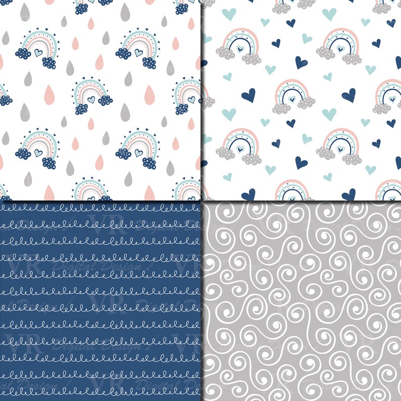 Pastel and Blue Rainbows Digital Paper, Cute Rainbow Seamless Patterns ...