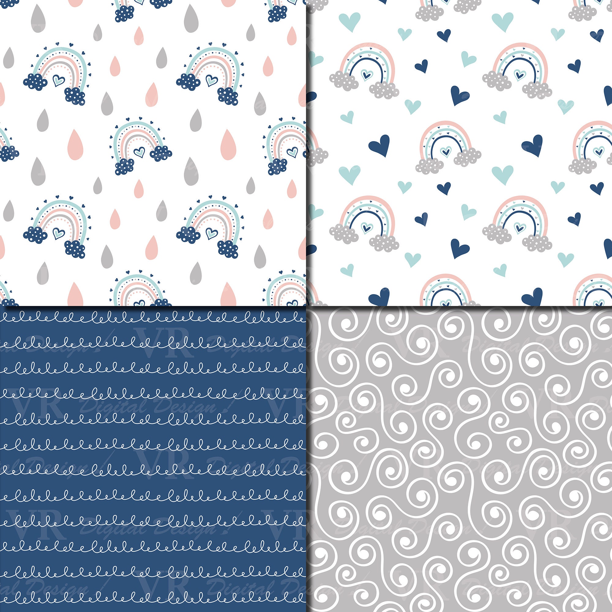 Pastel and Blue Rainbows Digital Paper, Cute Rainbow Seamless Patterns ...