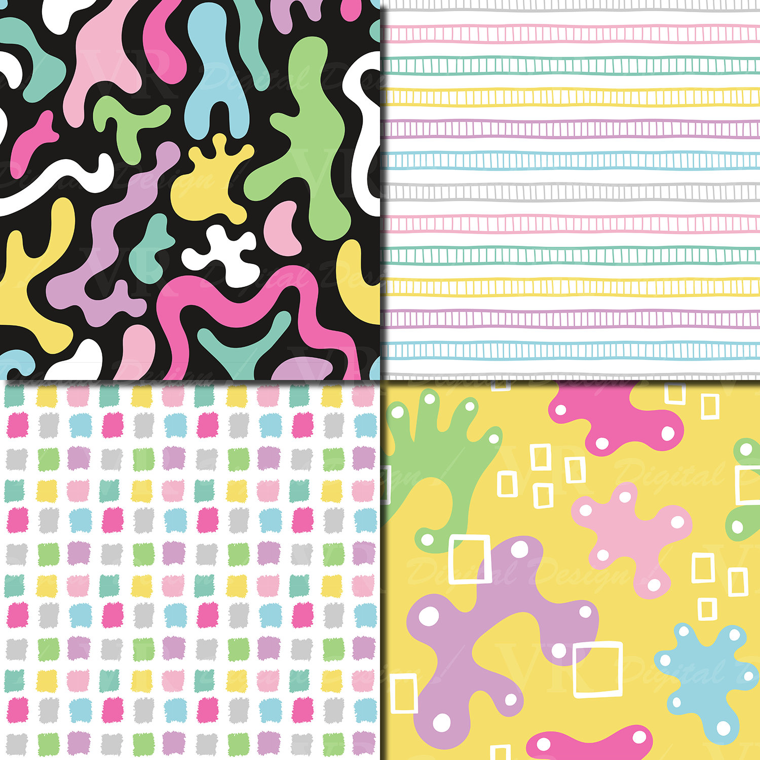 Bright Abstract Digital Paper, Seamless Hand Drawn Geometric Patterns ...