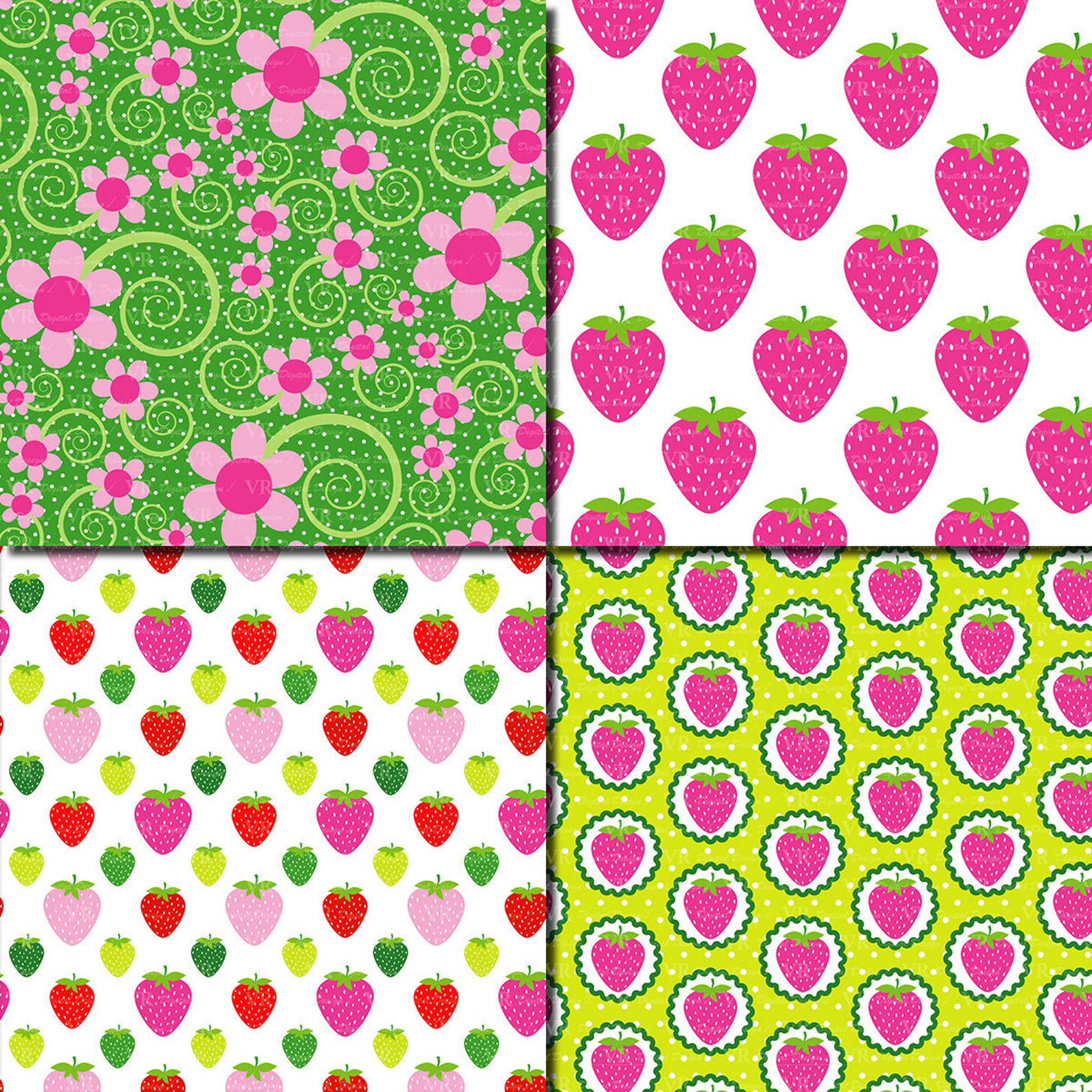 Strawberry Digital Paper, Pink Red Green Yellow Printable Scrapbook ...