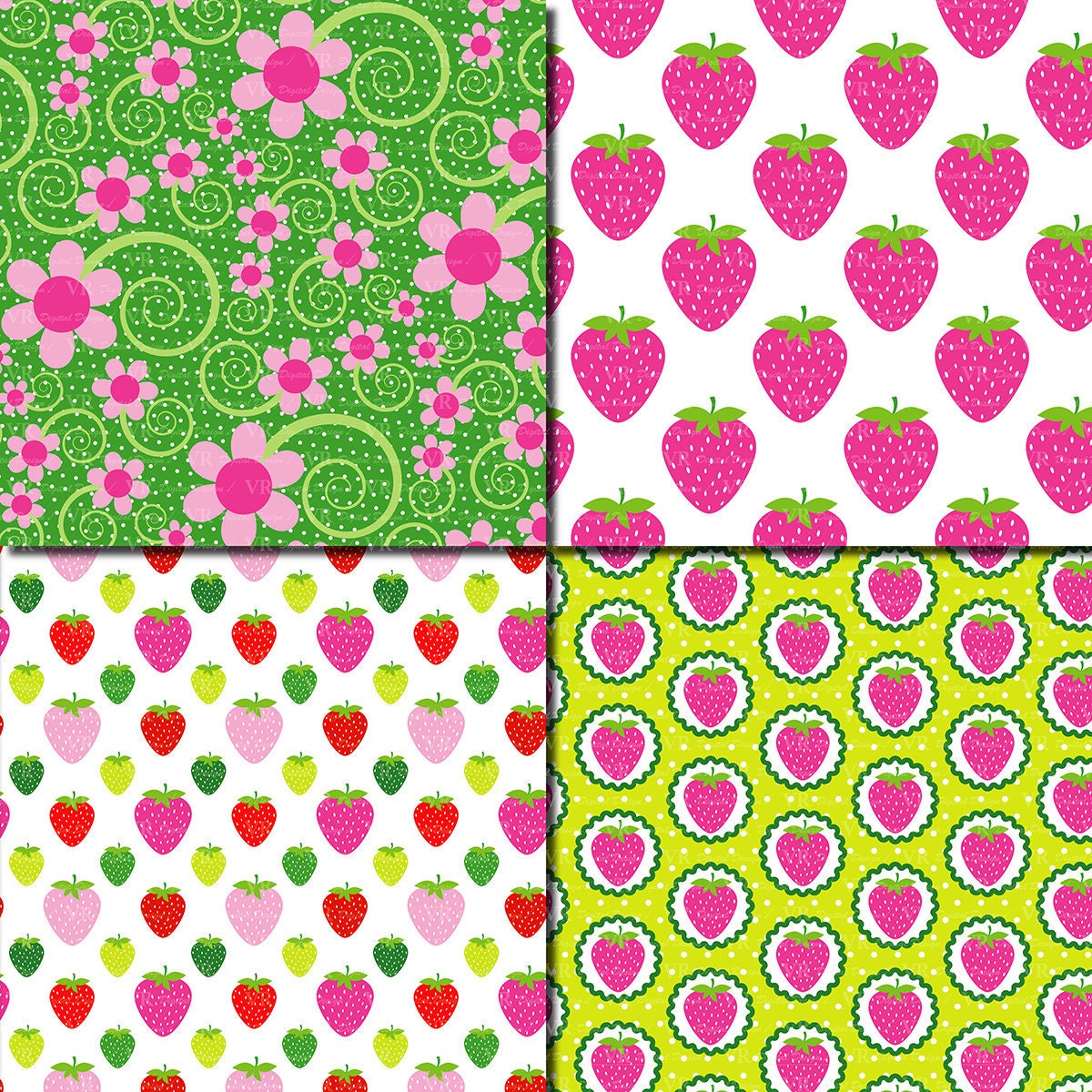 Strawberry Digital Paper, Pink Red Green Yellow Printable Scrapbook ...