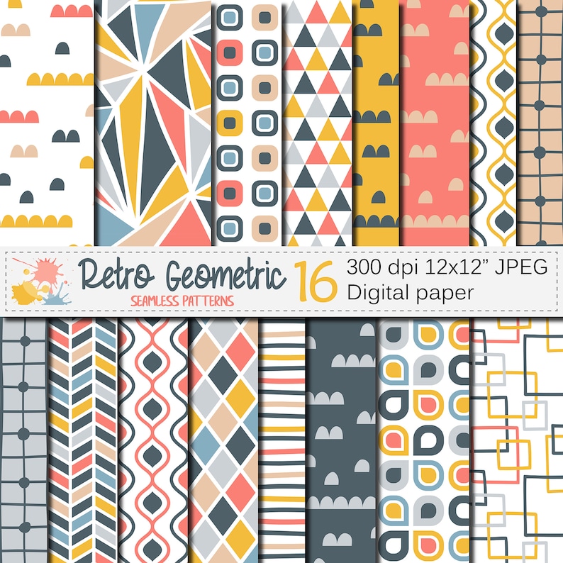 Retro Geometric Digital Paper, Blue Coral Yellow Seamless Geometric ...