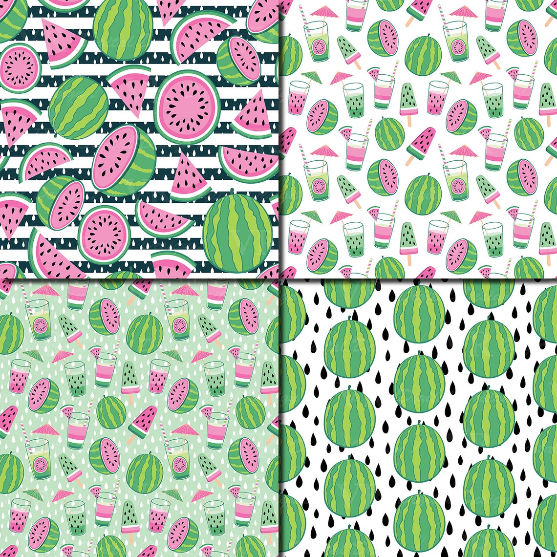 Watermelon Digital Paper, Cute Summer Fruit Digital Papers, Pink and ...