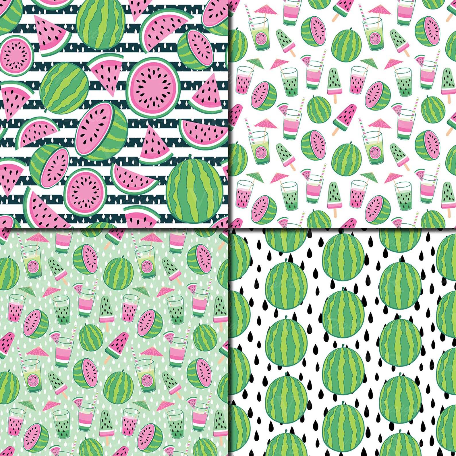 Watermelon Digital Paper, Cute Summer Fruit Digital Papers, Pink and ...