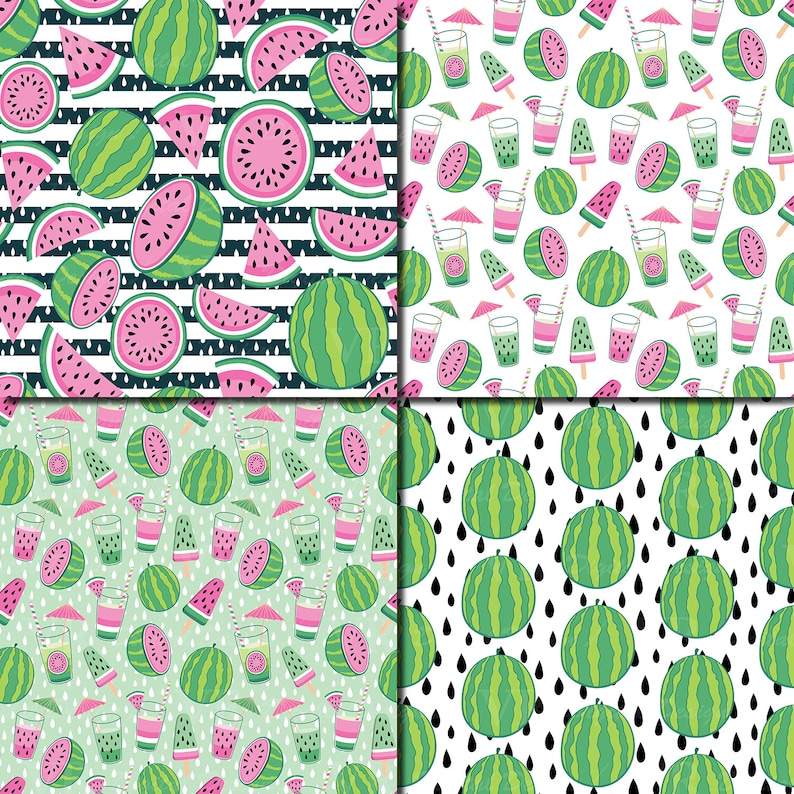Watermelon Digital Paper, Cute Summer Fruit Digital Papers, Pink and ...
