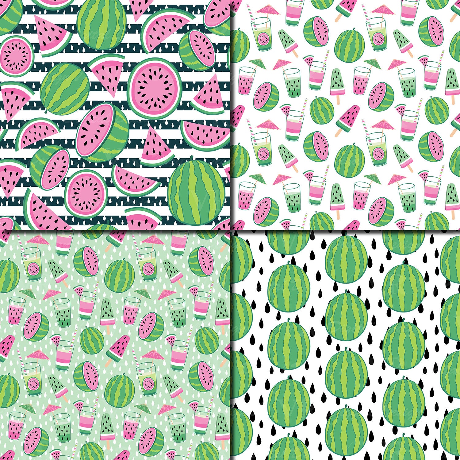 Watermelon Digital Paper, Cute Summer Fruit Digital Papers, Pink and ...