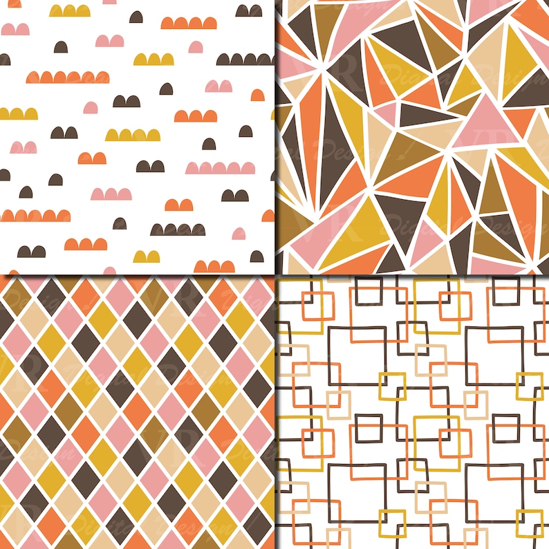 Retro Geometric Digital Paper, Brown Orange Yellow Pink Seamless ...
