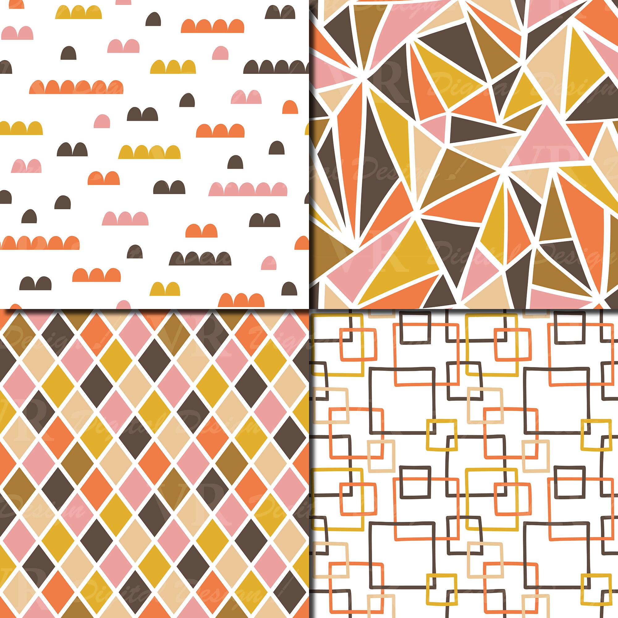 Retro Geometric Digital Paper, Brown Orange Yellow Pink Seamless ...