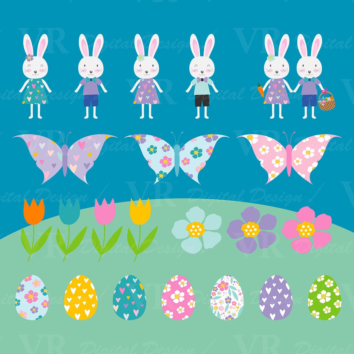 Easter Bunny Digital Clipart, Easter Rabbit Clipart, Easter Eggs ...