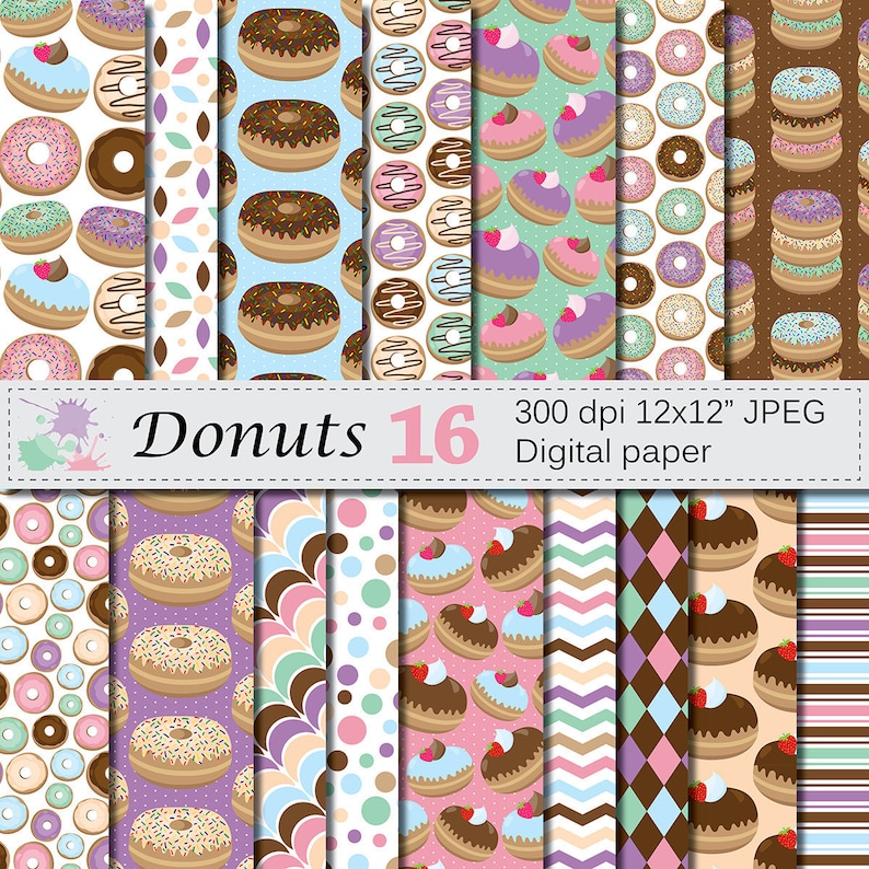 Donuts Digital Paper Set, Pastel Chocolate Donut Digital Papers ...
