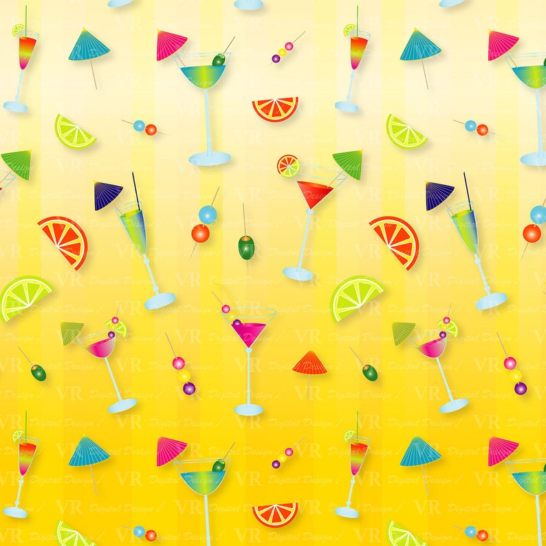 Summer Cocktails Digital Paper, Summer Party Digital Scrapbook Papers ...