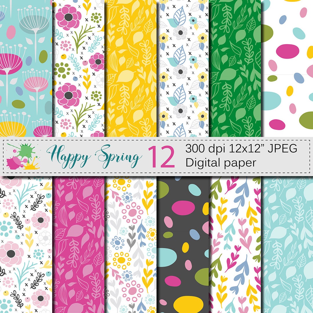 Seamless Bright Spring Digital Paper, "happy Spring" Hand Drawn Flowers ...
