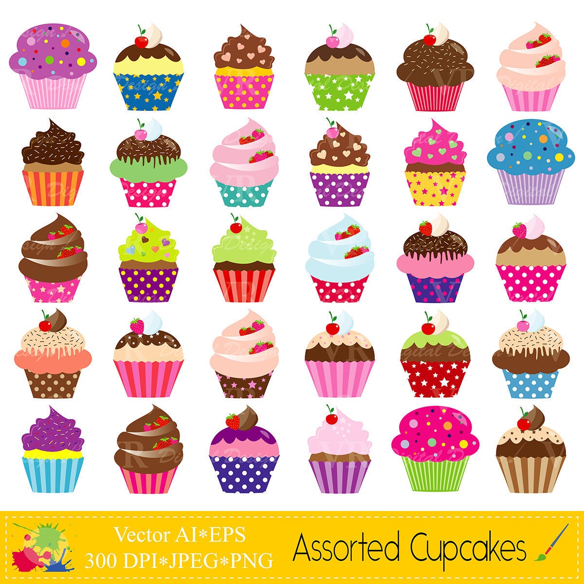 Assorted Cupcakes Clip Art, Cute Birthday Colorful Cupcakes Clipart ...