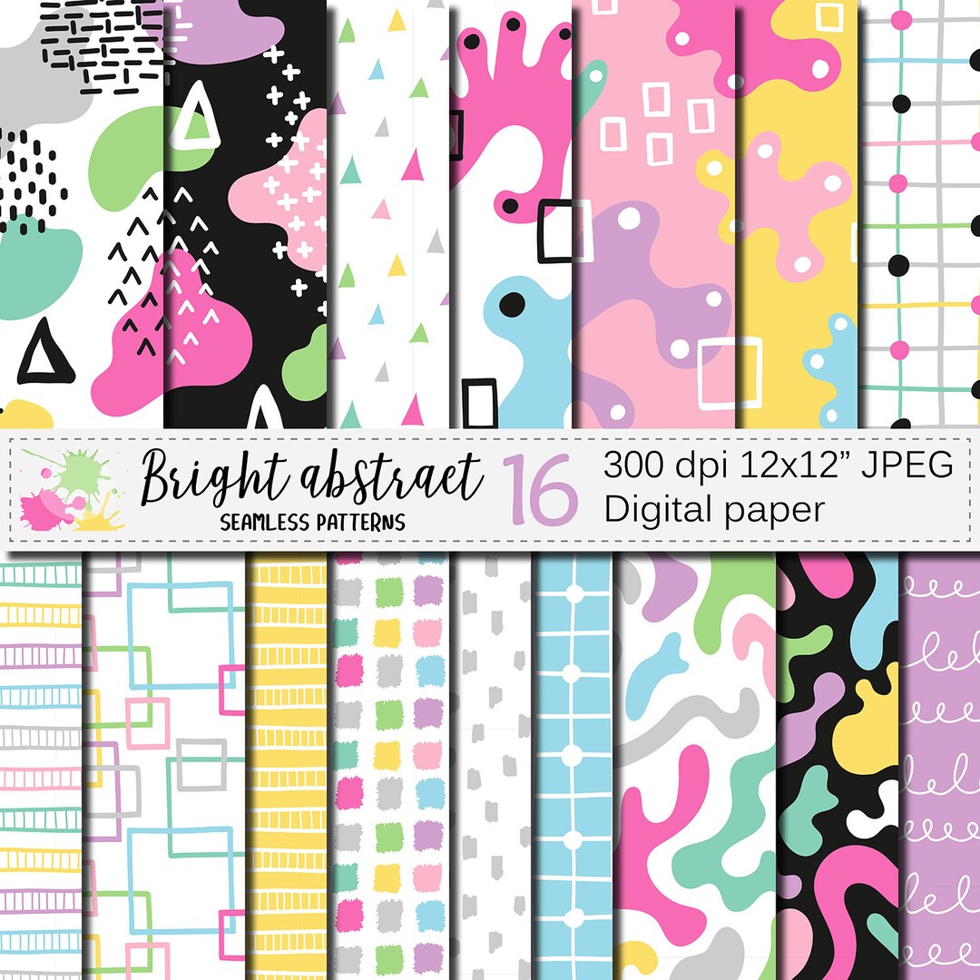 Bright Abstract Digital Paper, Seamless Hand Drawn Geometric Patterns ...