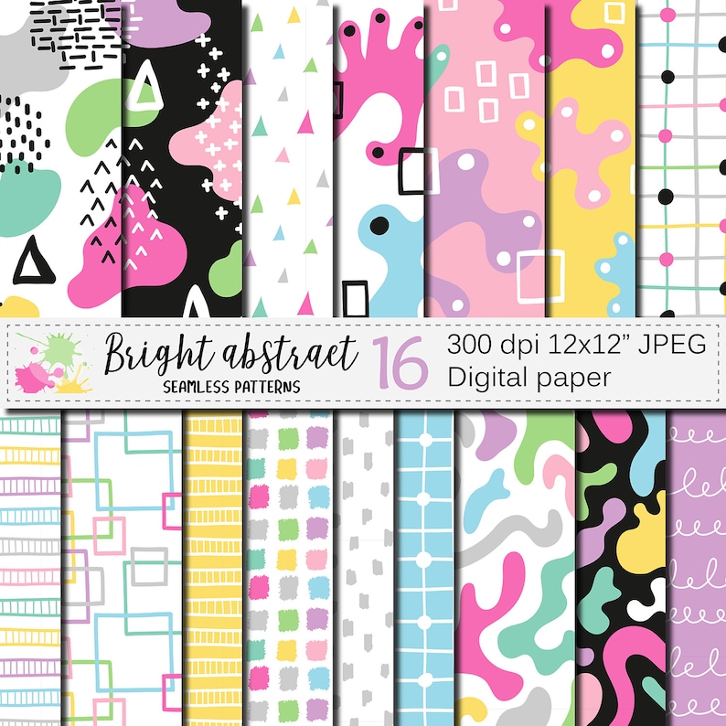Bright Abstract Digital Paper, Seamless Hand Drawn Geometric Patterns ...