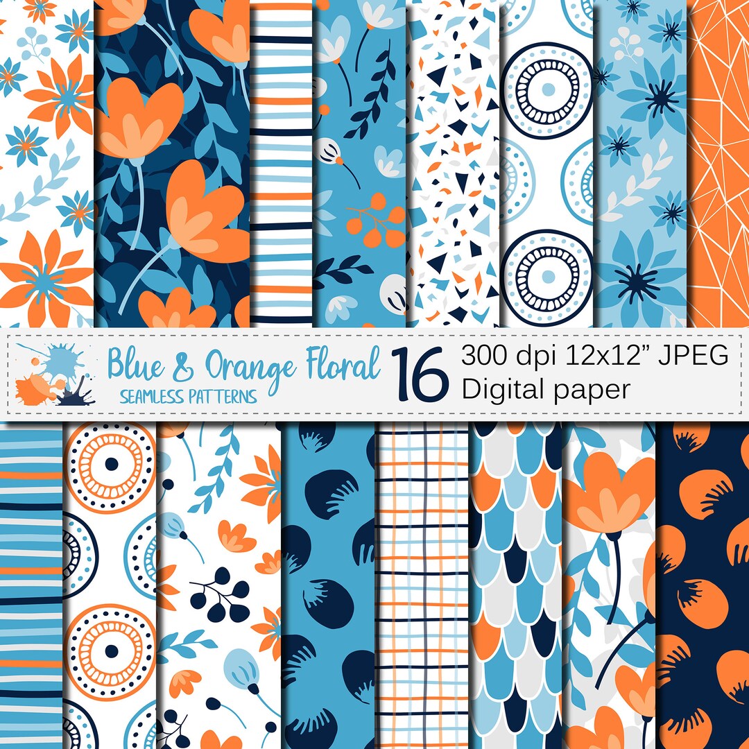 Blue and Orange Floral Digital Paper, Flowers Seamless Pattern ...