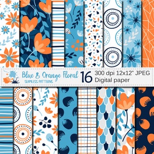 Blue and Orange Floral Digital Paper, Flowers Seamless Pattern ...