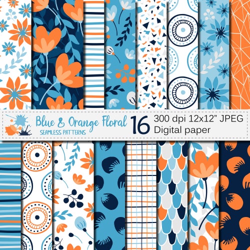 Blue and Orange Floral Digital Paper Flowers Seamless - Etsy