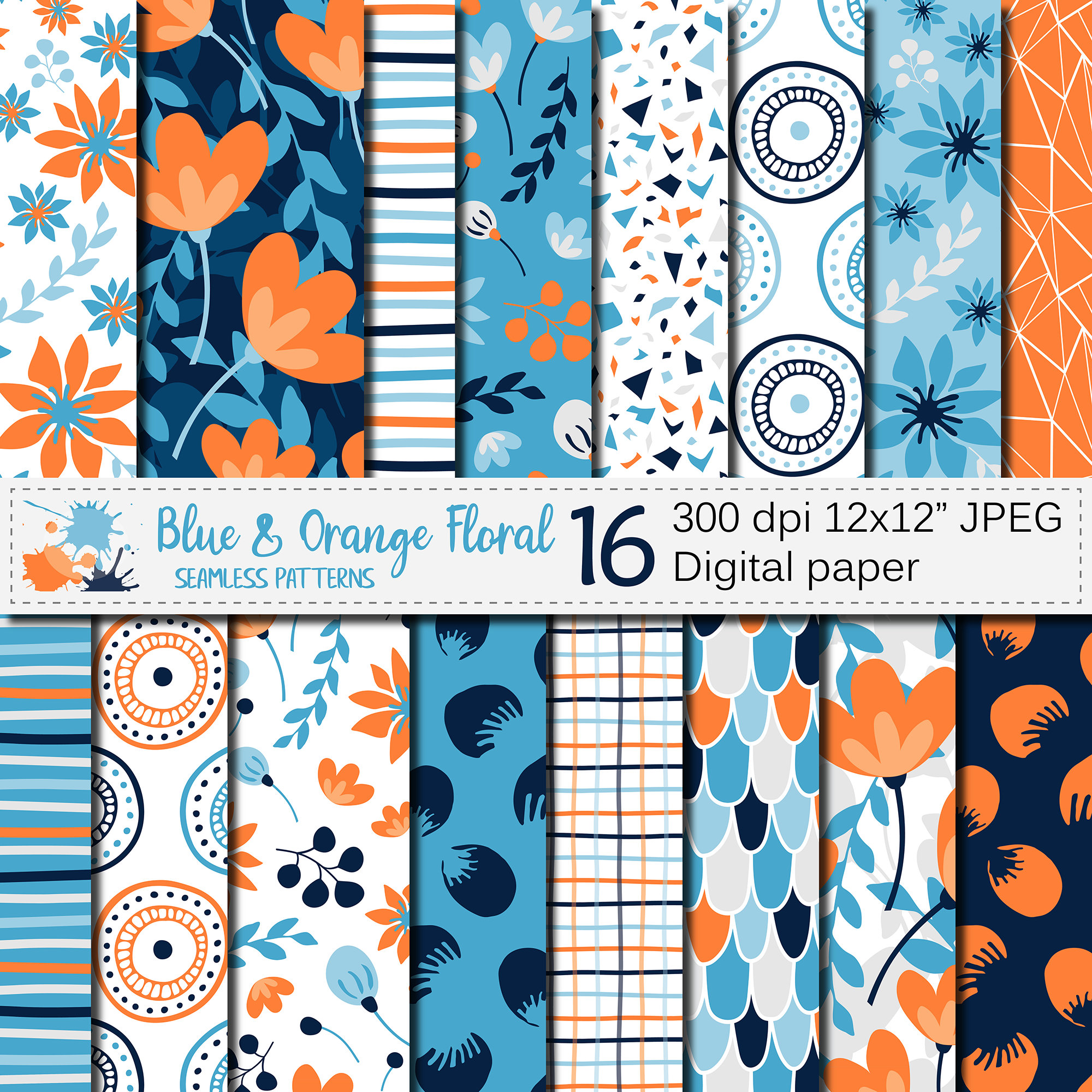 Papercraft Blue Orange Digital Paper Pack Instant Download Bright ...